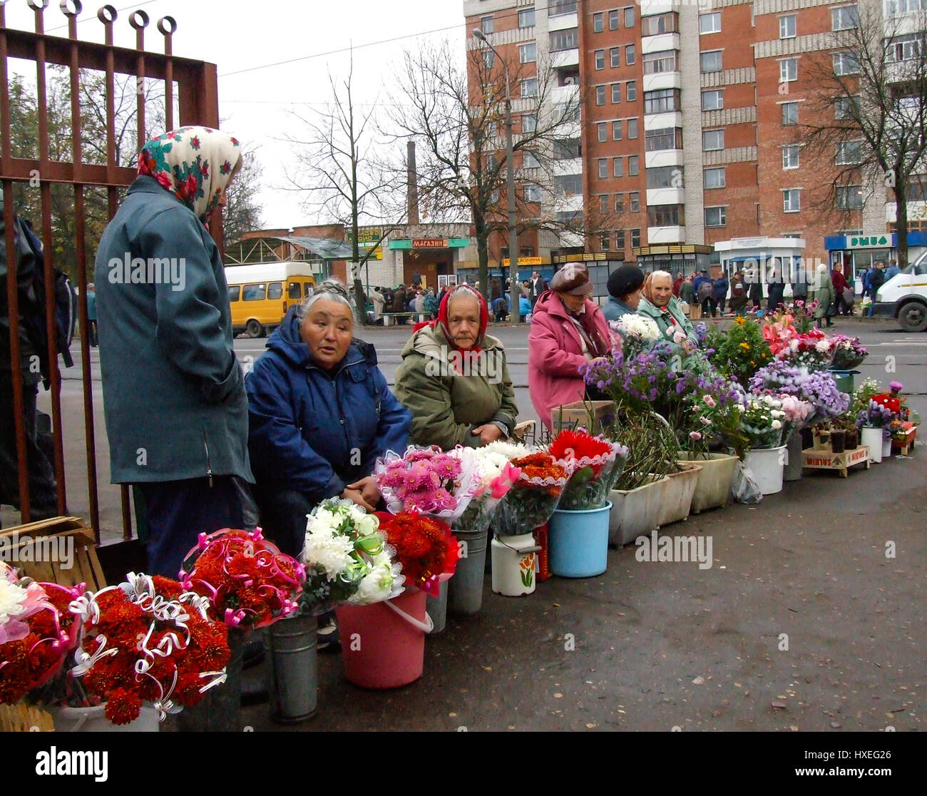 Old women selling flowers in the open market in Vitebsk, Belarus ...