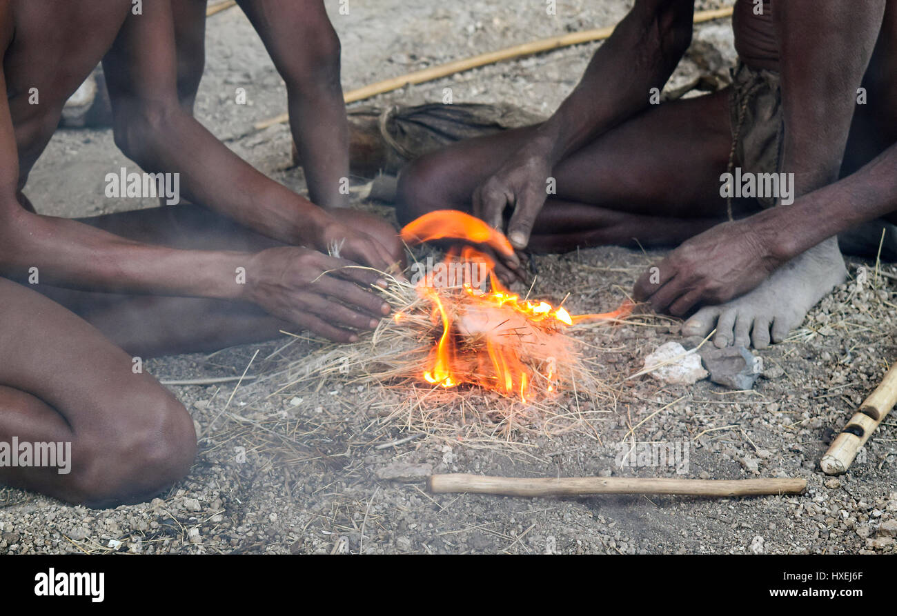 traditional way of starting a fire seen in Namibia Stock Photo - Alamy