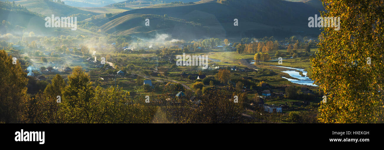 Village landscape panorama in the evening Stock Photo - Alamy