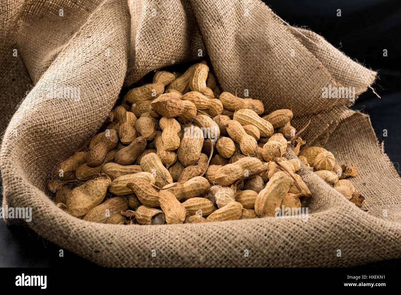Peanuts in nutshell in sackcloth and black background Stock Photo - Alamy