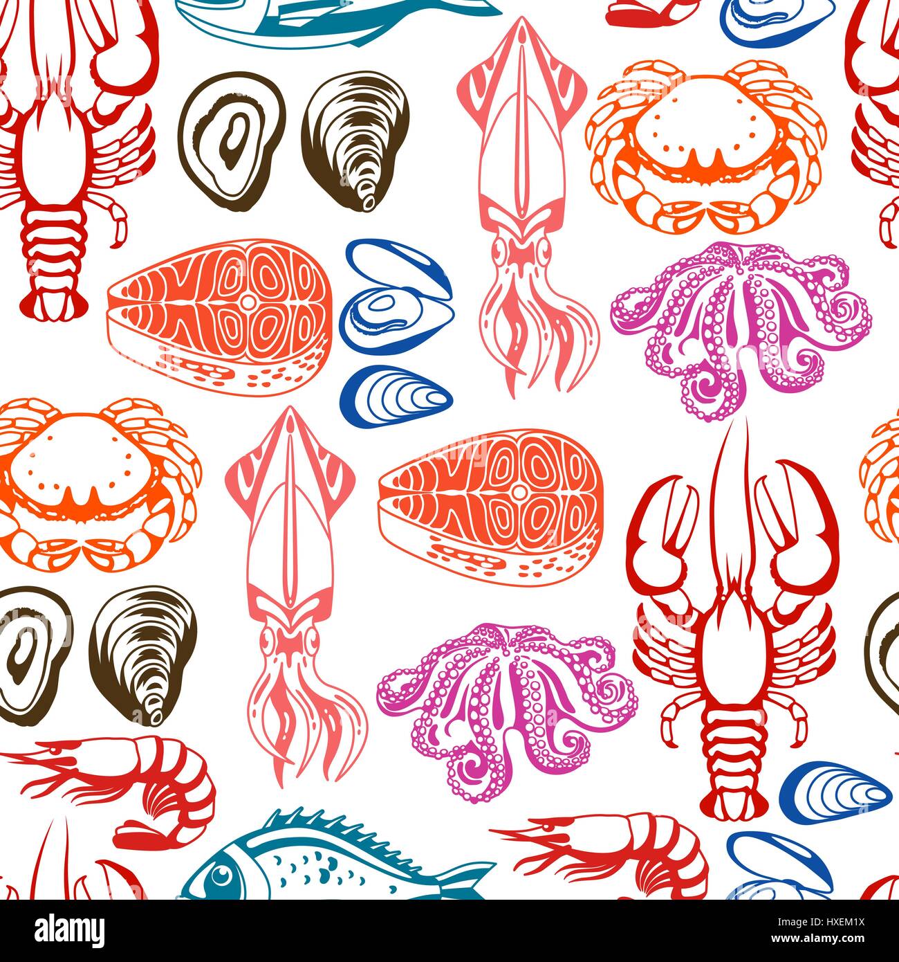 Seamless pattern with various seafood. Illustration of fish, shellfish ...