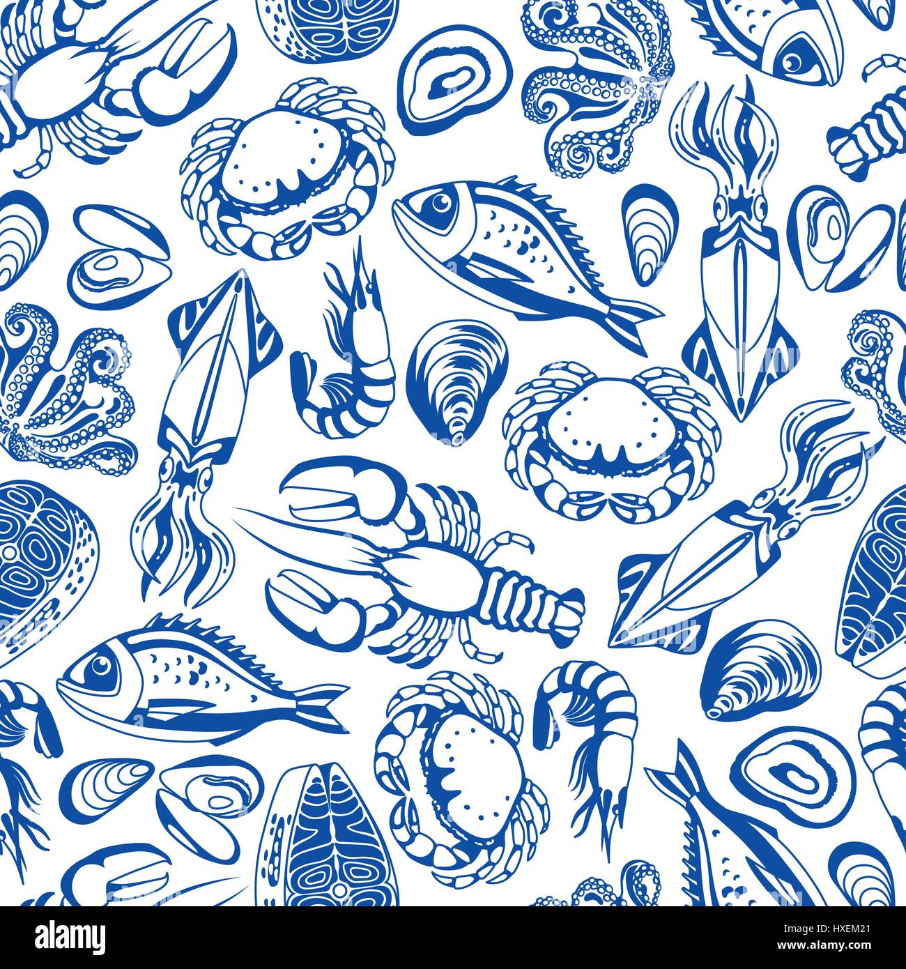 Seamless pattern with various seafood. Illustration of fish, shellfish ...