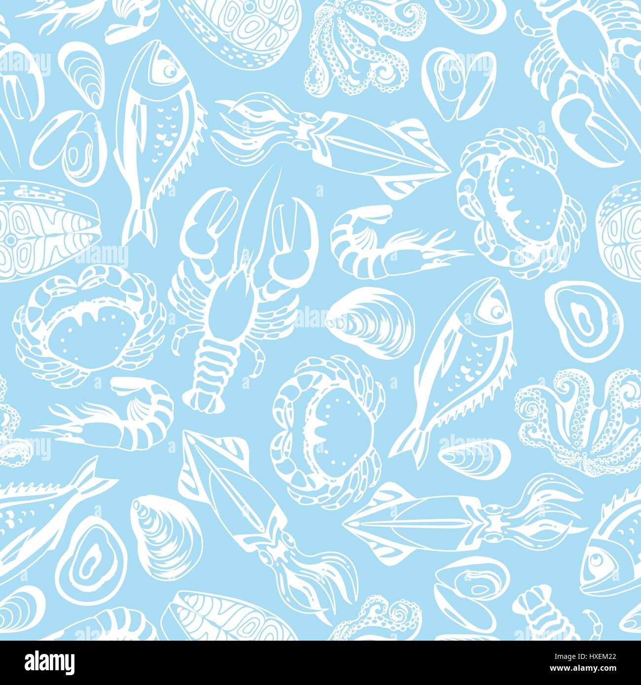 Seamless pattern with various seafood. Illustration of fish, shellfish ...