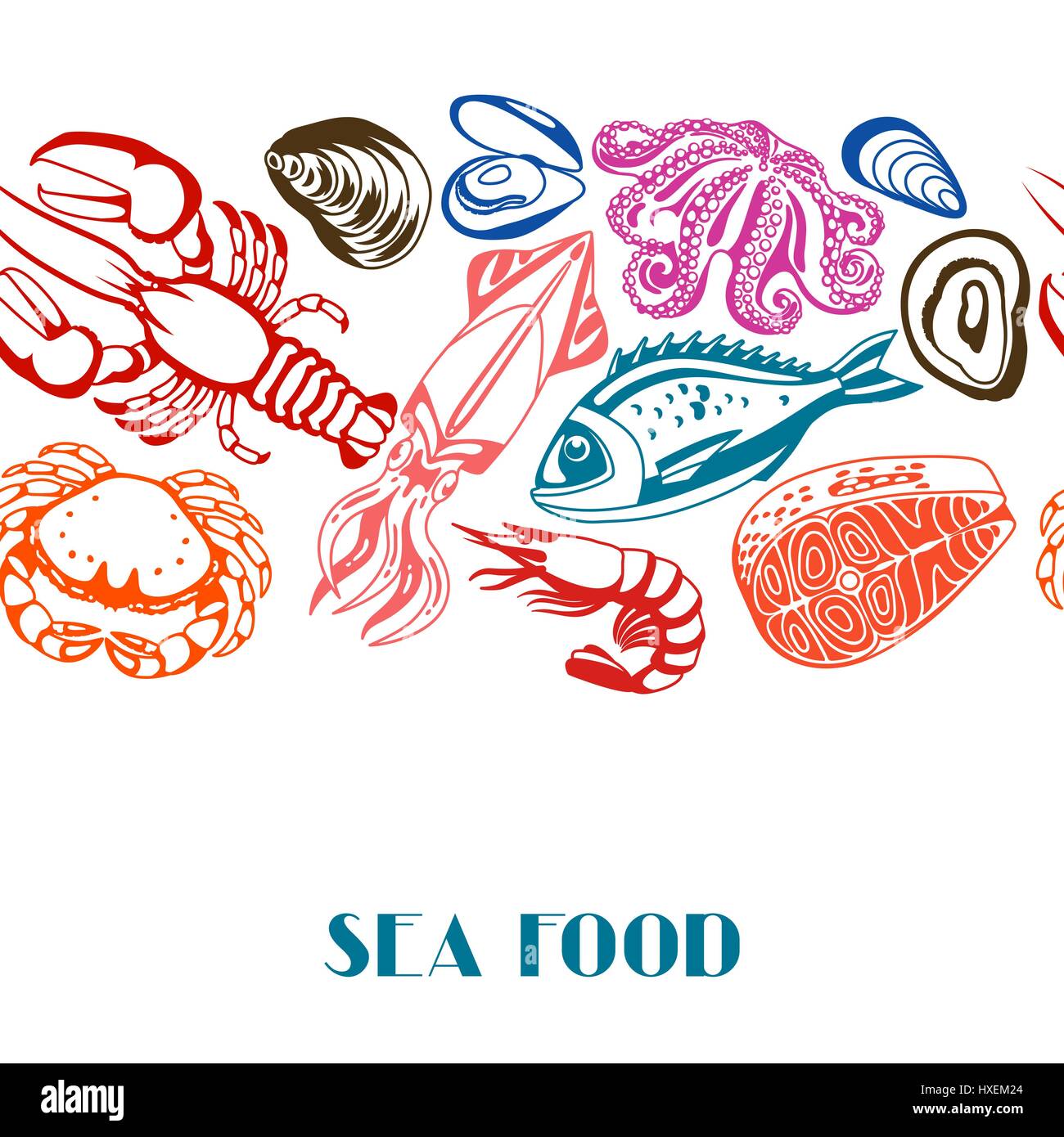 Seamless pattern with various seafood. Illustration of fish, shellfish ...
