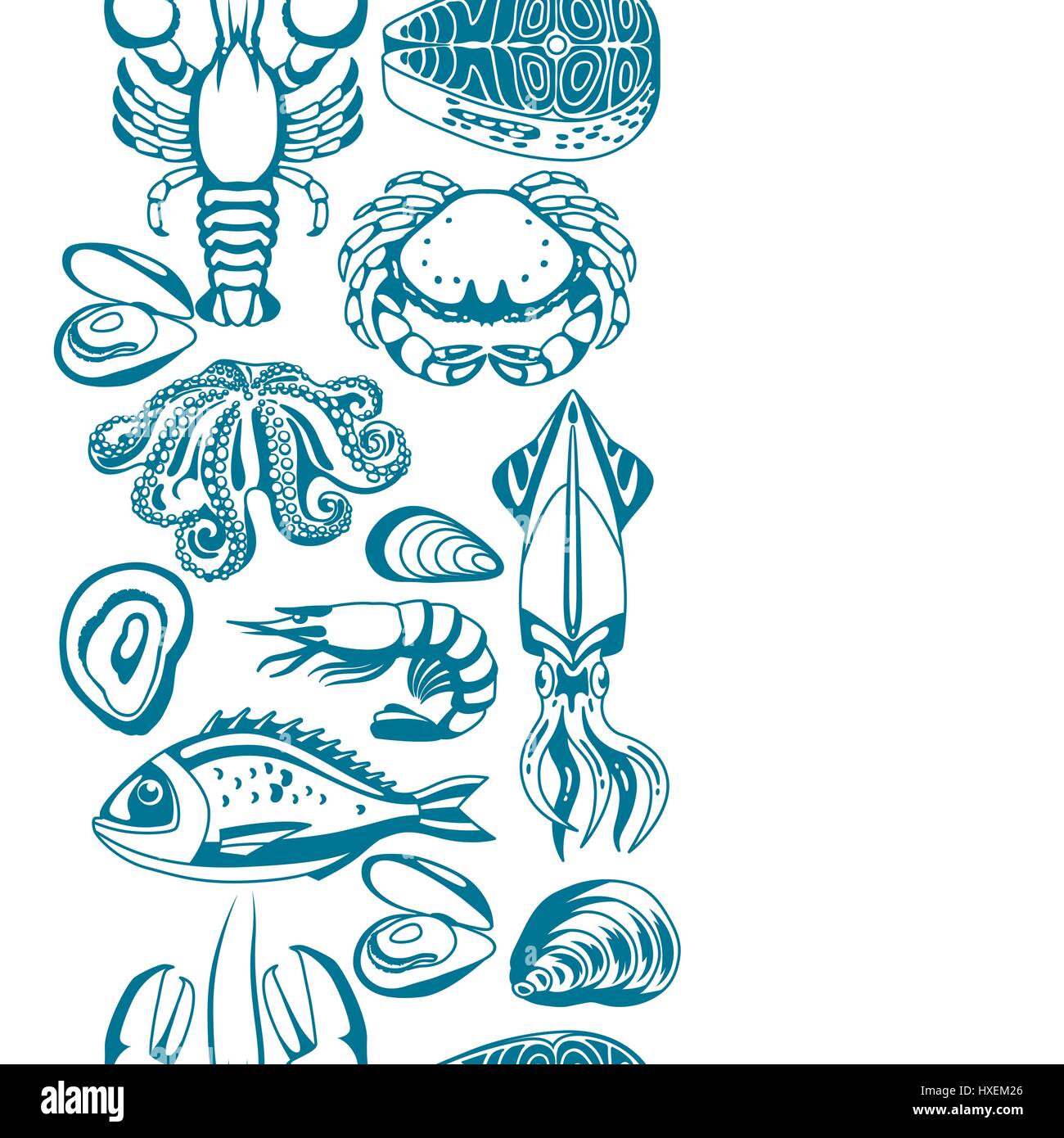 Seamless pattern with various seafood. Illustration of fish, shellfish ...