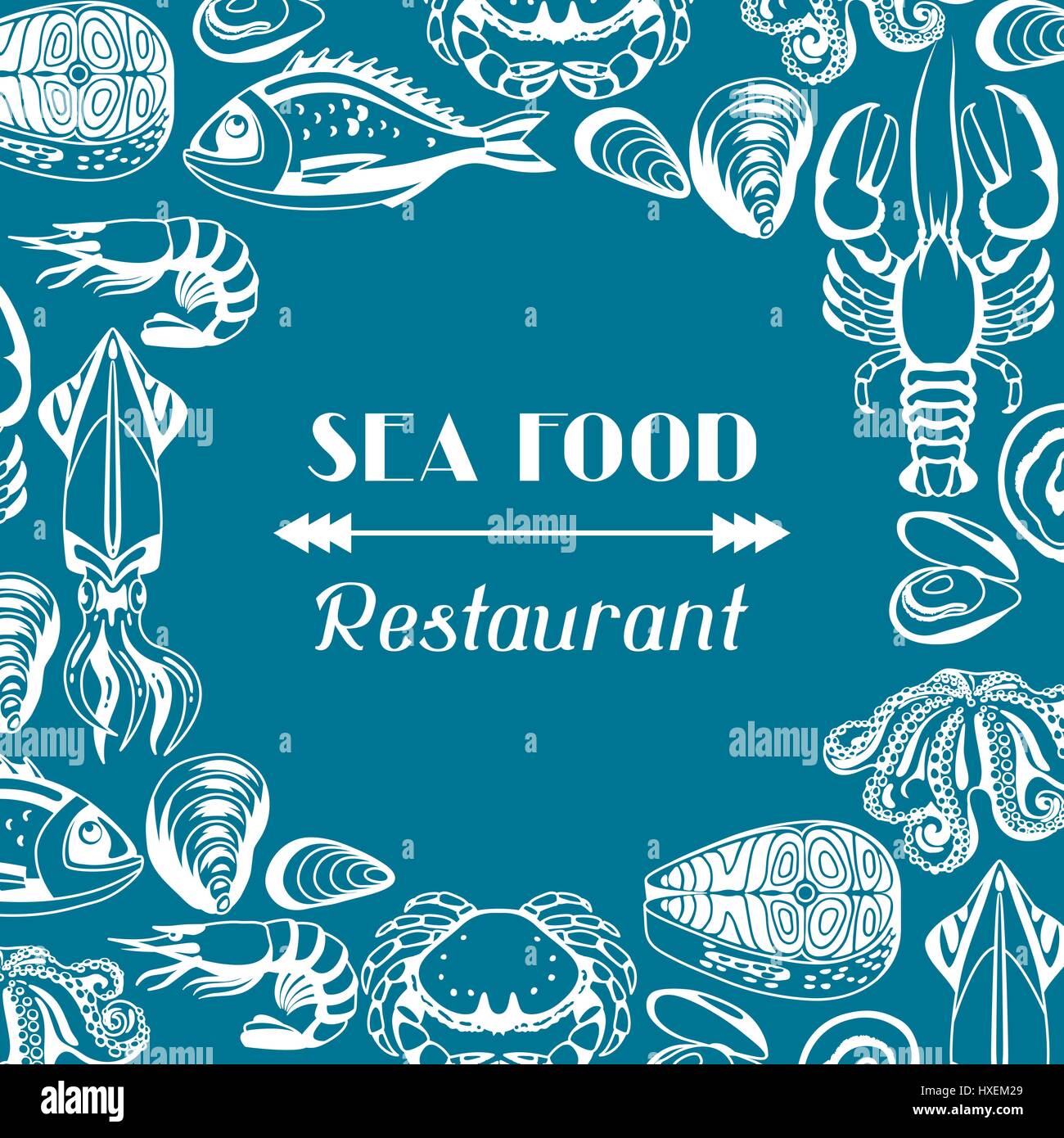 Background with various seafood. Illustration of fish, shellfish and ...
