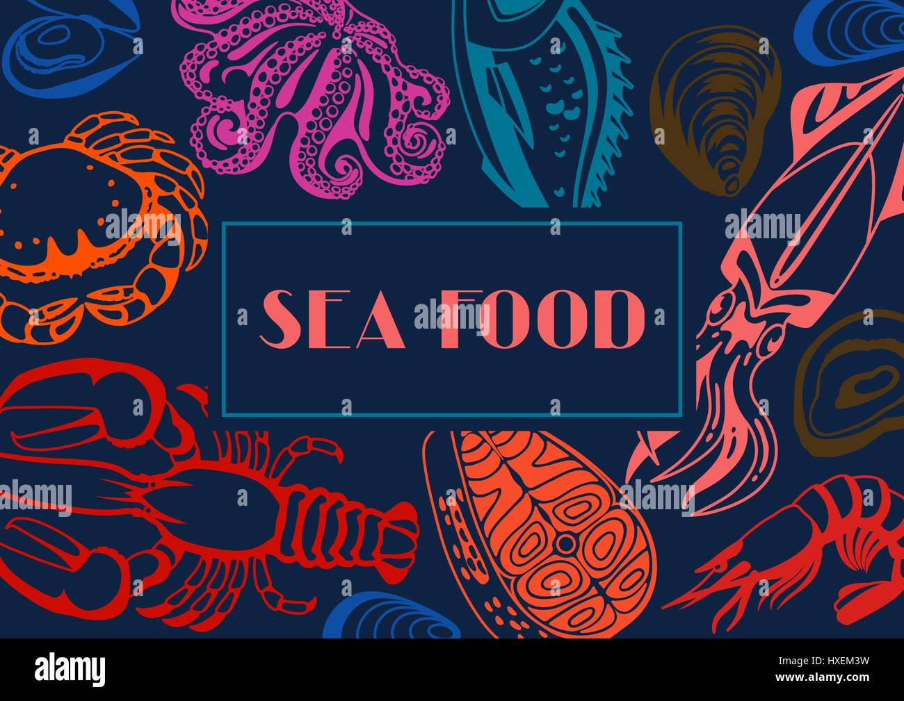 Background with various seafood. Illustration of fish, shellfish and ...