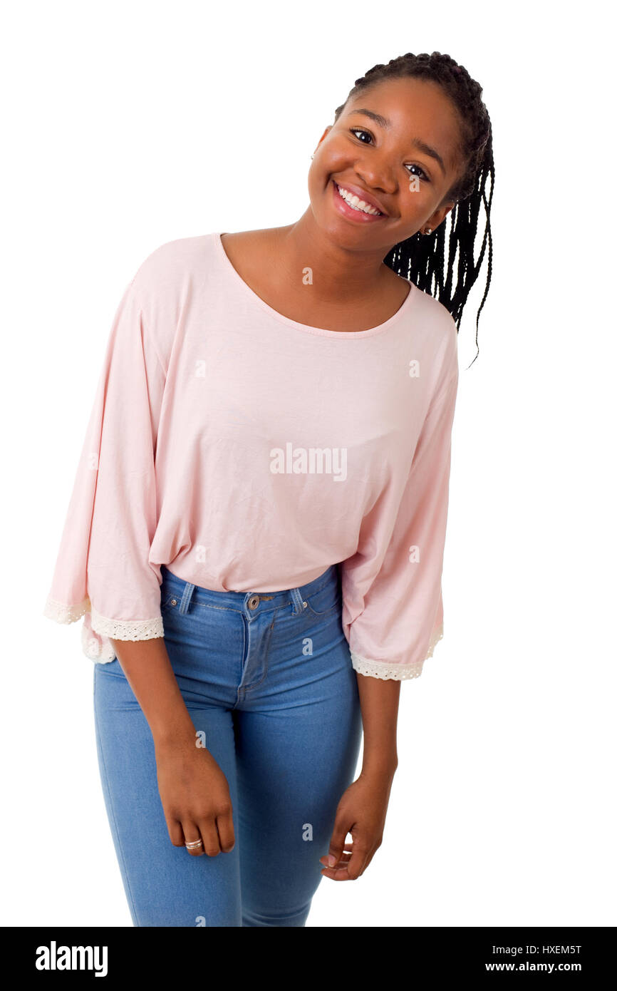 Happy african girl isolated on white background Stock Photo - Alamy