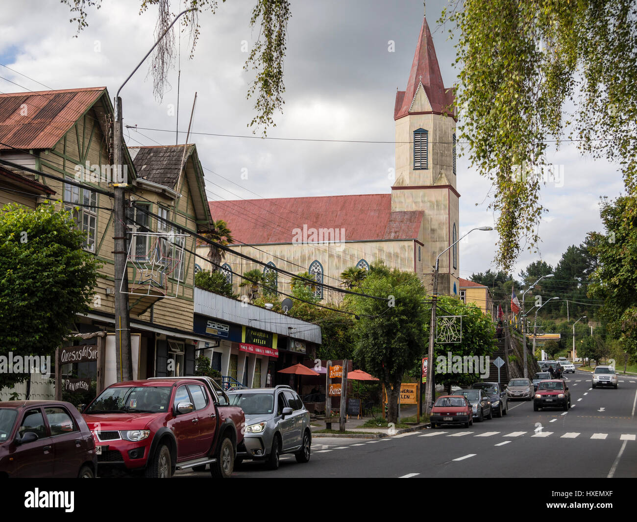Church, main street, Puerto Octay, at lake lago llanquihue, chilenean ...
