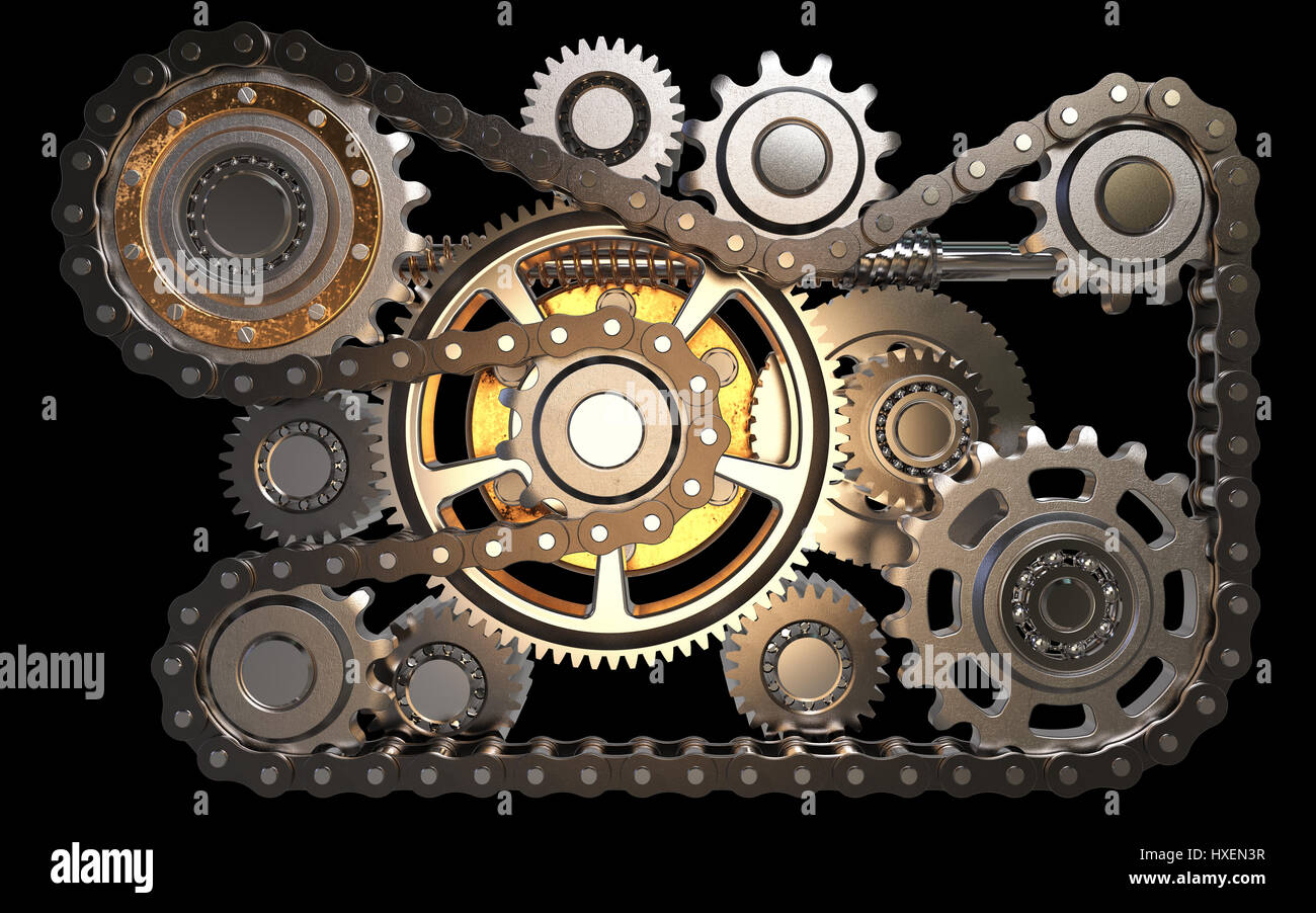 Gears with chain isolated on black background 3D rendering Stock Photo ...