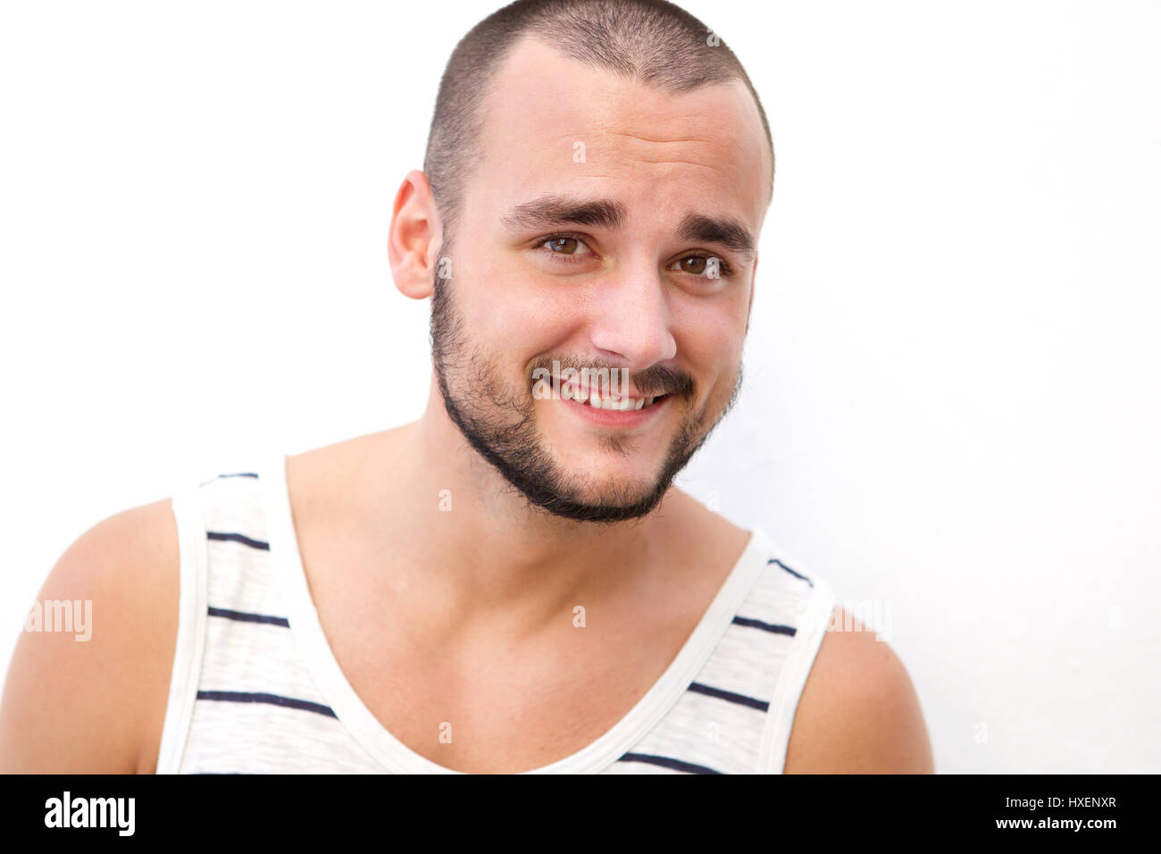 Close up portrait of a handsome young man with short hair and beard ...
