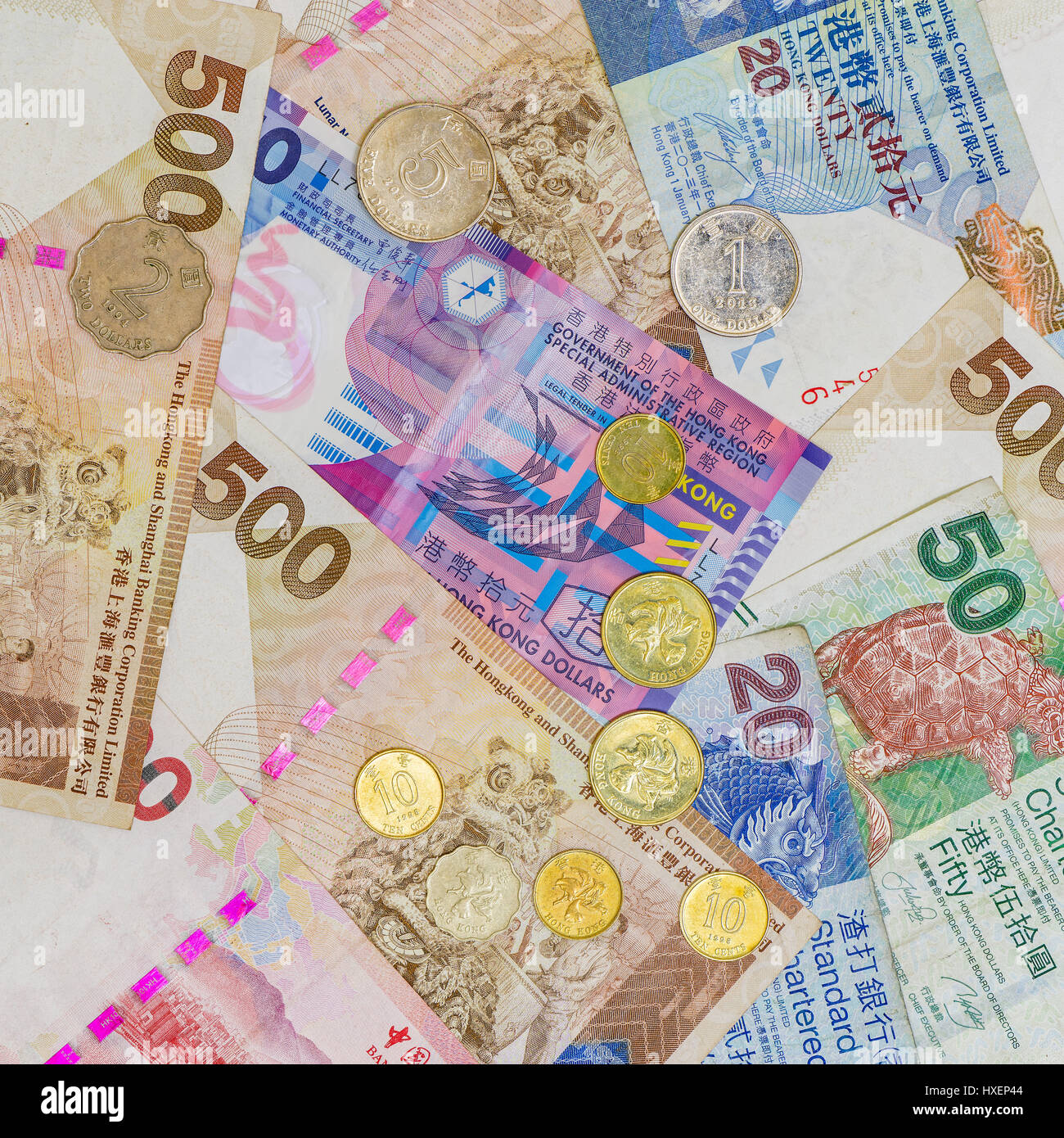 Different Hong Kong money bank notes and coins Stock Photo - Alamy