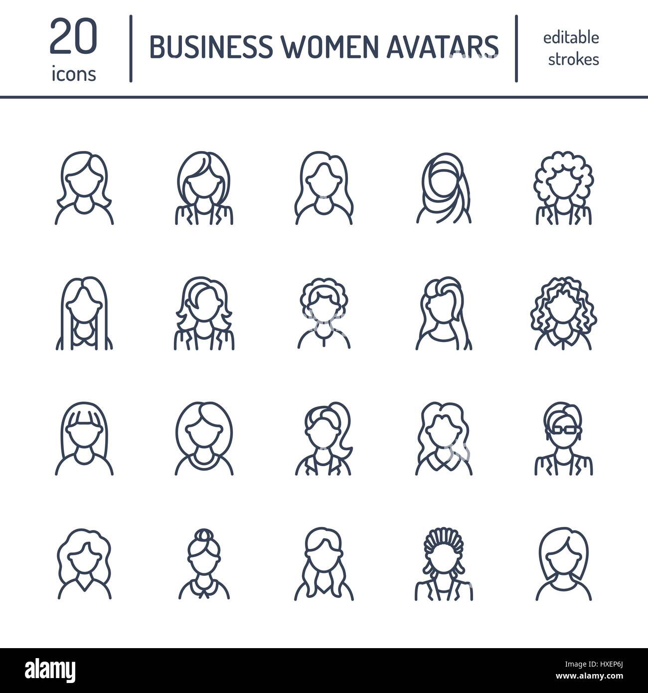 People line icons, business woman avatars. Outline symbols of female ...