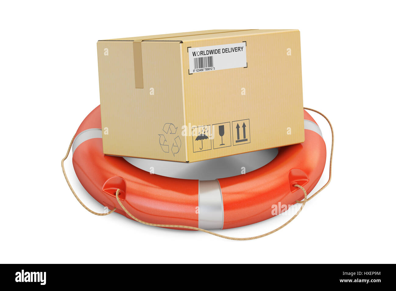 Safety delivery concept. Lifebuoy with cardboard box parcel. 3D ...