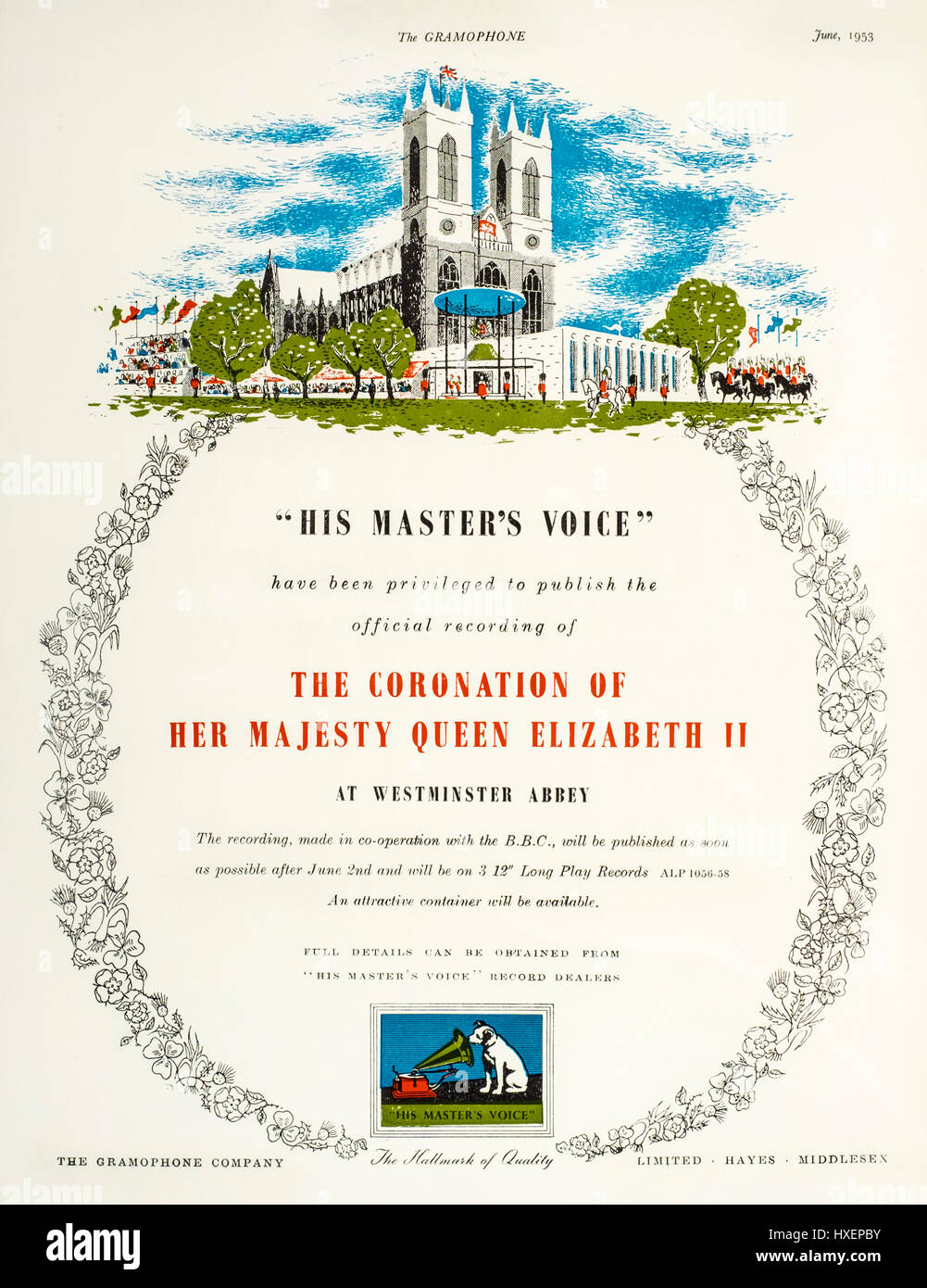 His Master's Voice (HMV) advert in the June 1953 issue of "The ...