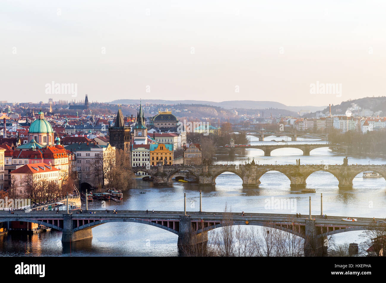View of the most important bridges in Prague: Charles bridge, Palace ...