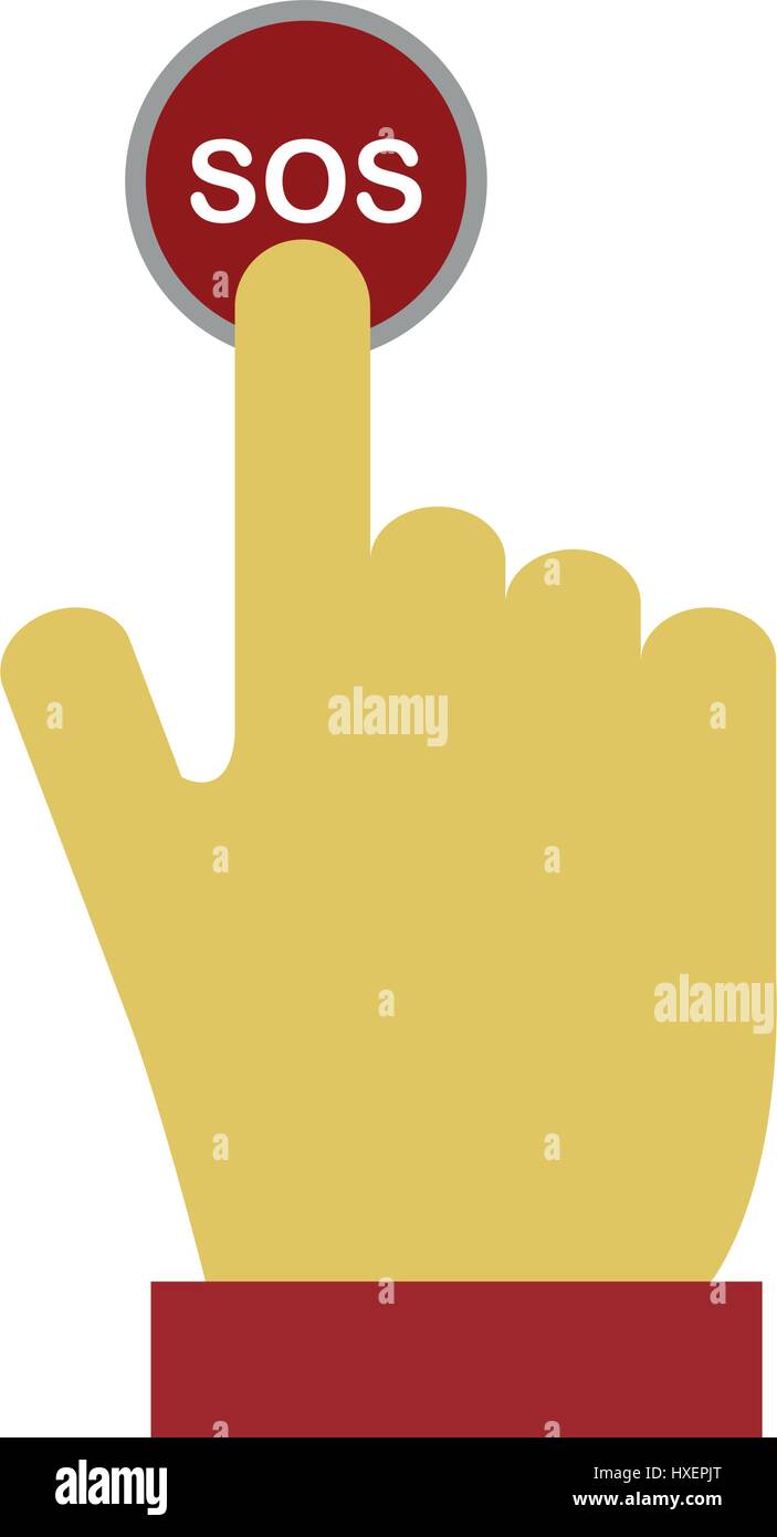 Hand presses sos button illustrated on a white background in vector ...