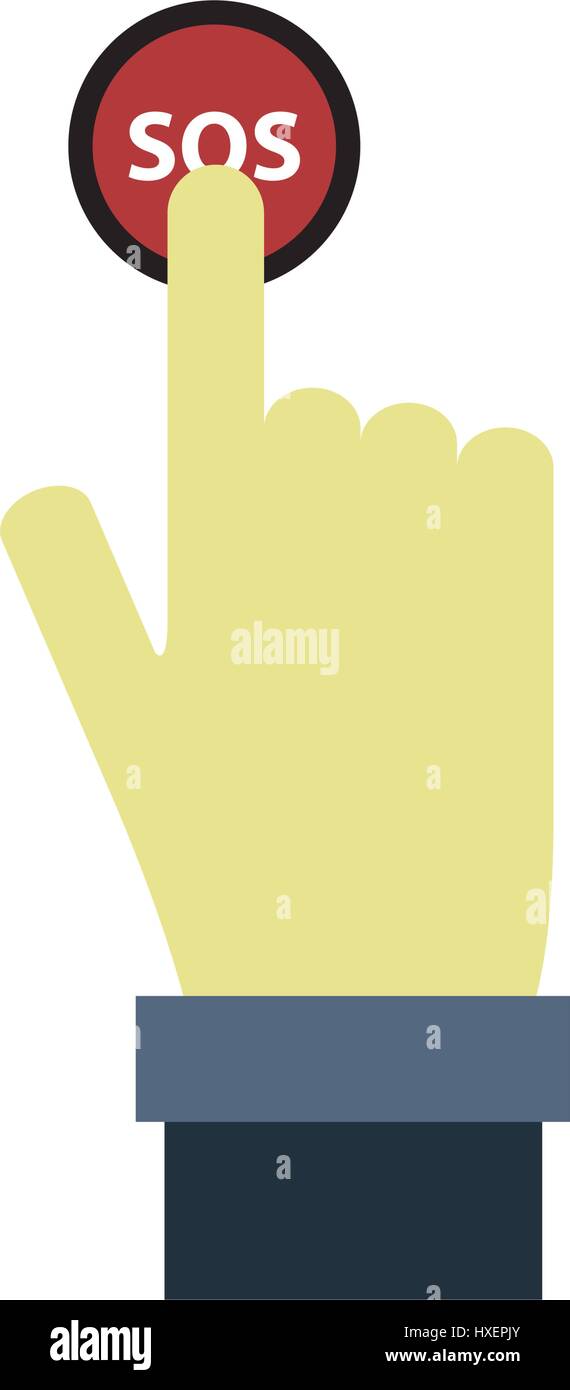 Hand presses sos button illustrated on a white background in vector ...