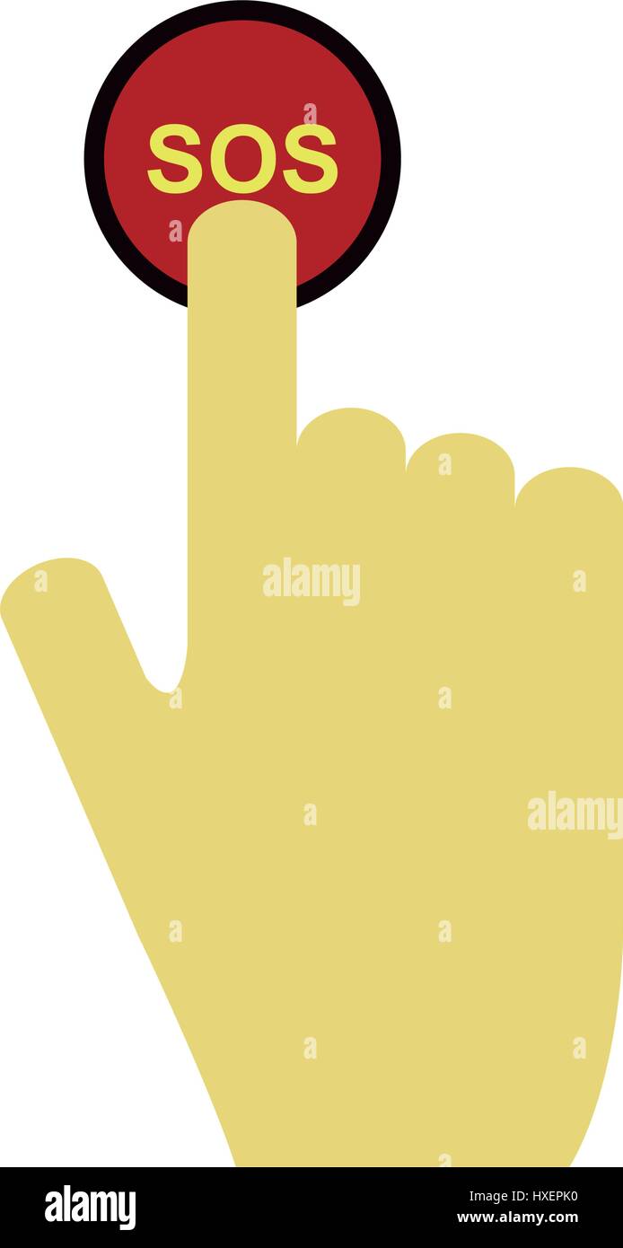 Hand presses sos button illustrated on a white background in vector ...