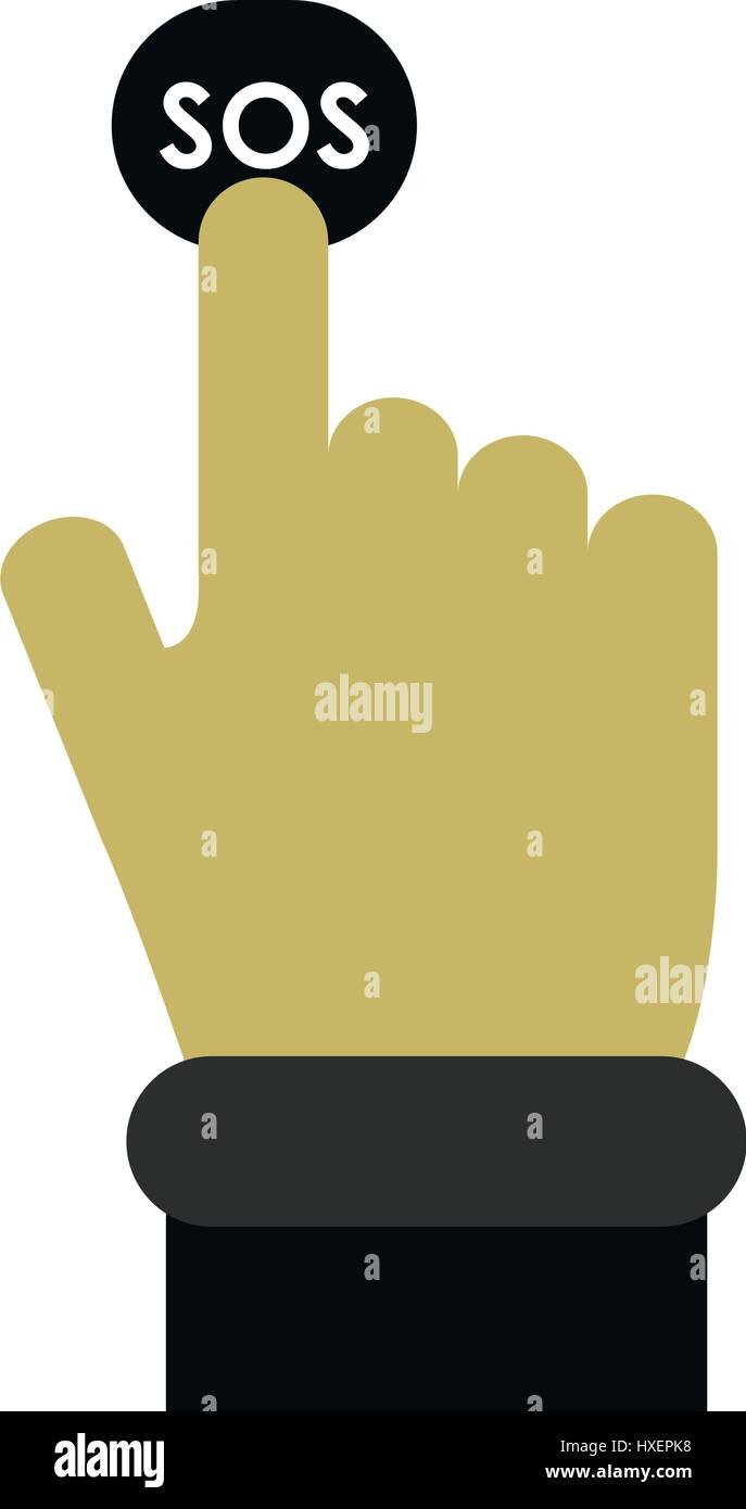 Hand presses sos button illustrated on a white background in vector ...