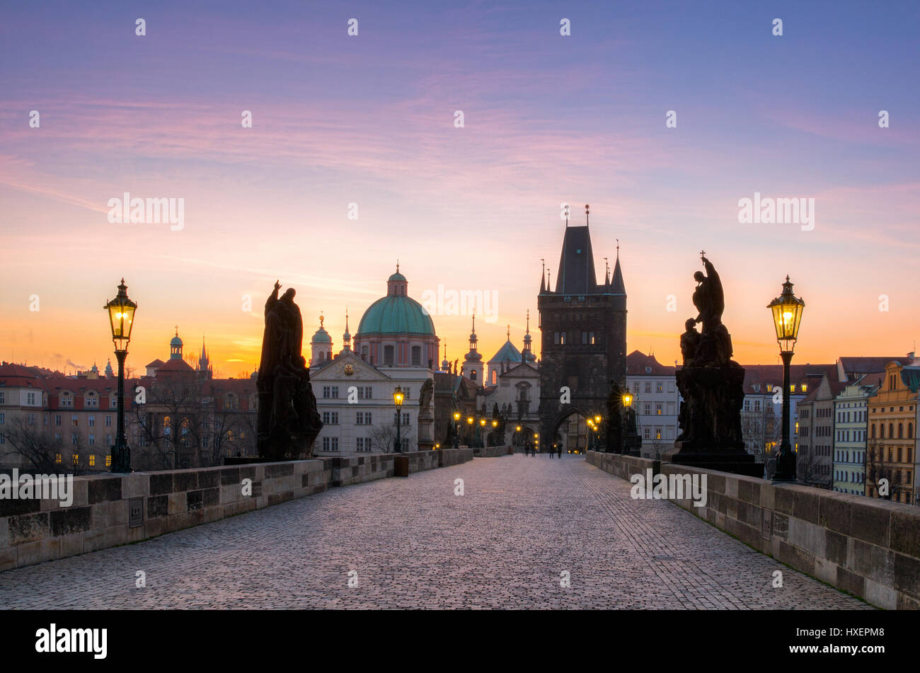 Charles Bridge (Karluv Most) and Old Town Tower, the most beautiful bridge in Czechia. Prague ...