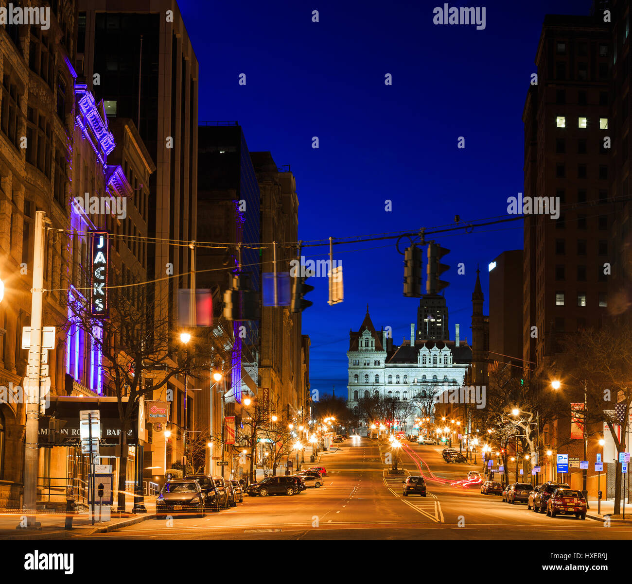 Albany downtown state street at sunset. View is of Capital looking west ...
