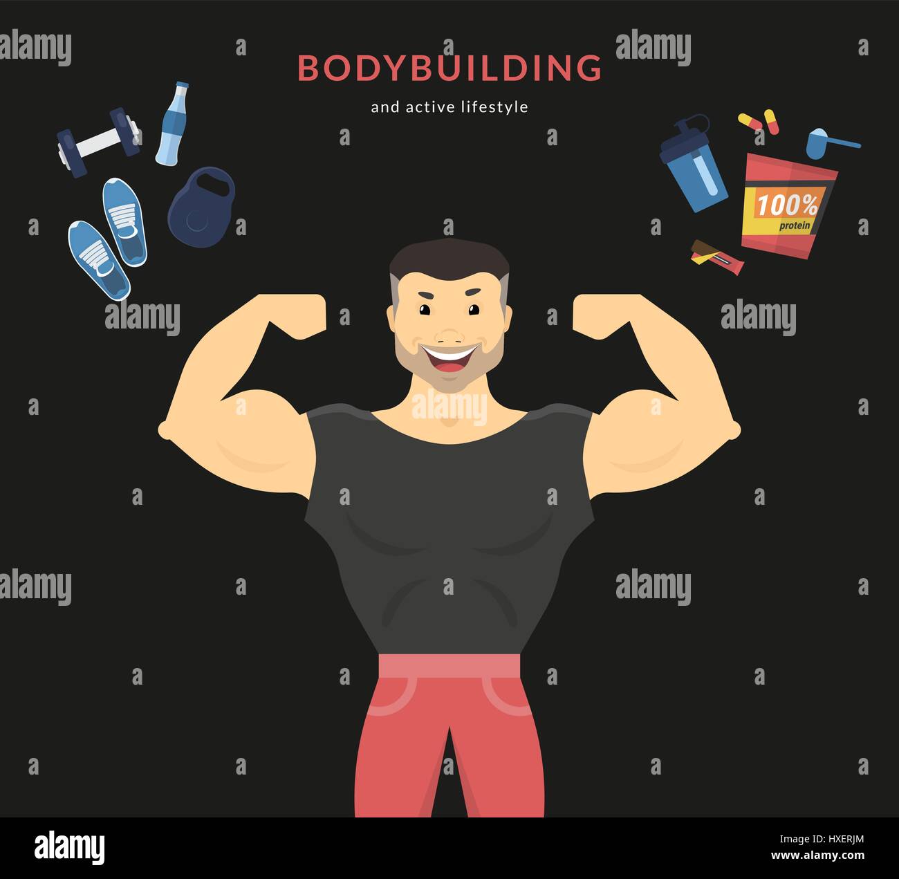 Happy bodybuilder doing exercise and demonstrating his muscles Stock ...