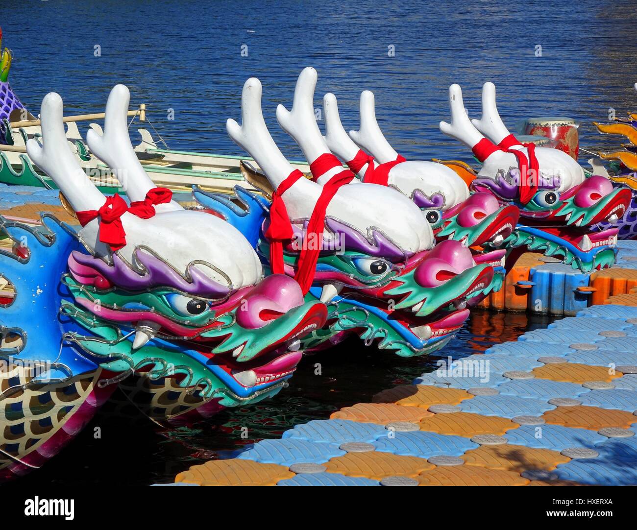 KAOHSIUNG, TAIWAN -- JUNE 14, 2015: Boats with the traditional dragon ...