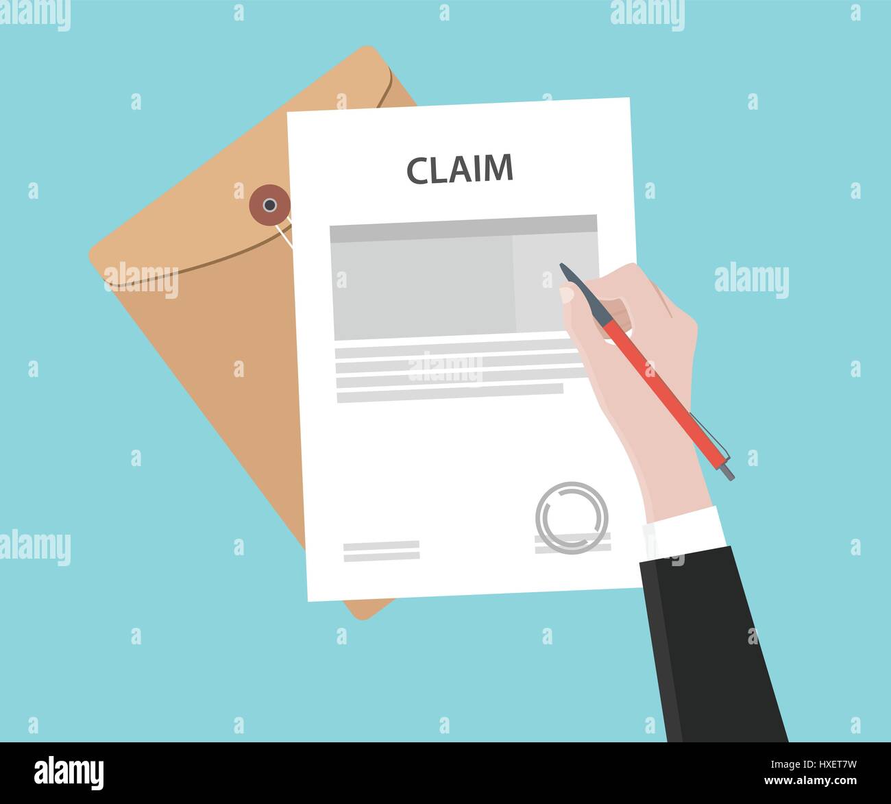 illustration of a man signing stamped claim letter using a red pen with ...