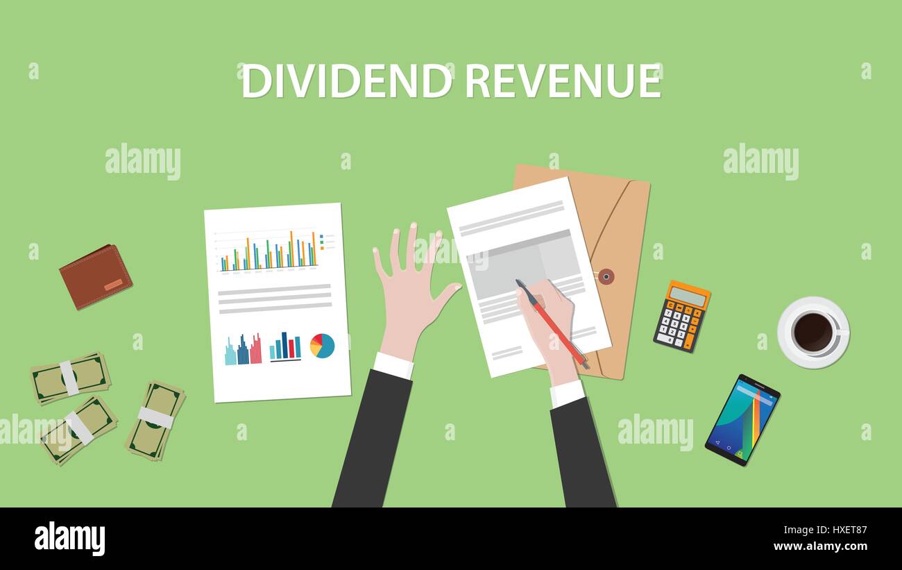 dividend revenue illustration with a man signing paperworks and folder ...