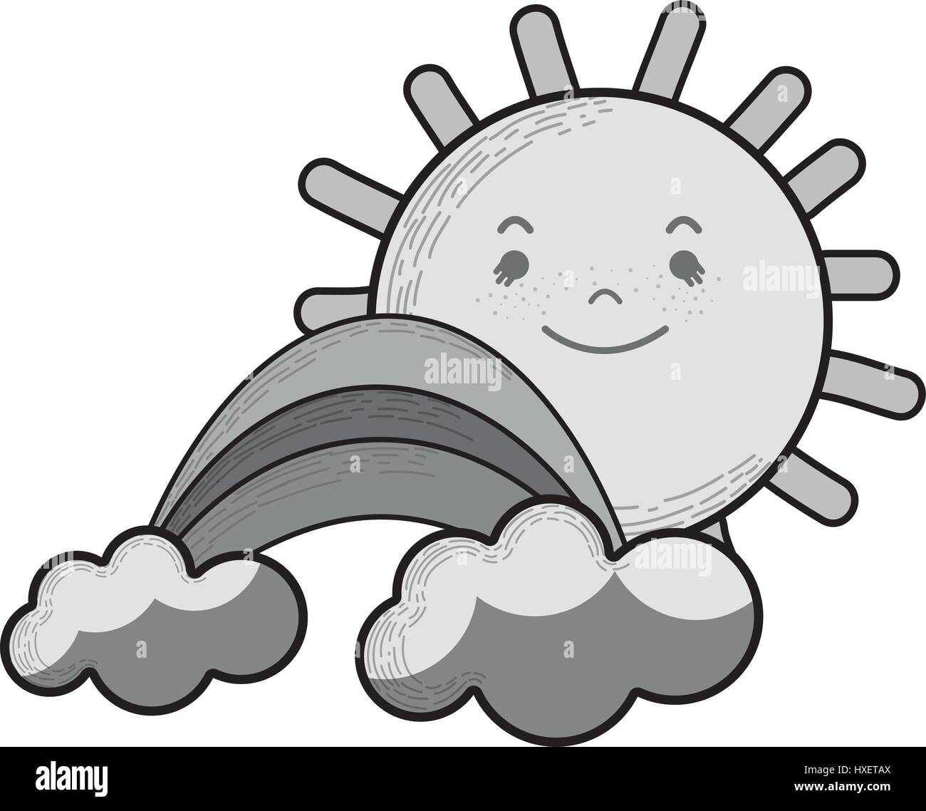 grayscale kawaii happy sun with cloud and rainbow Stock Vector Image ...