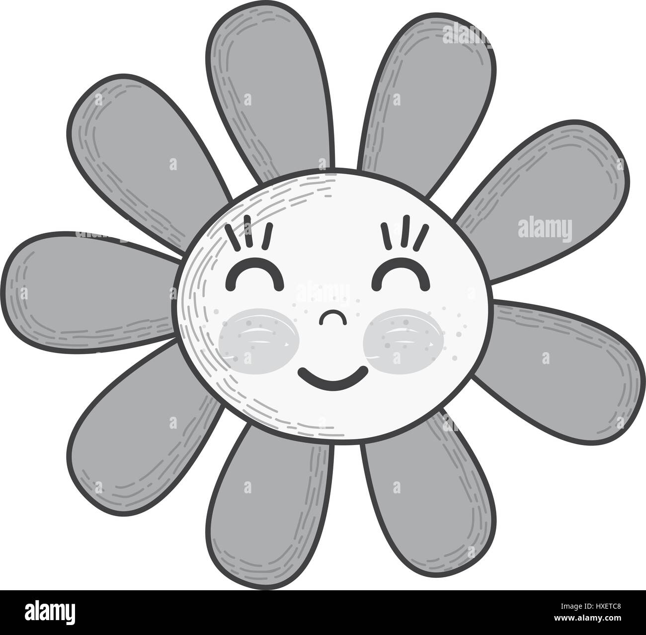 grayscale kawaii flower happy cheeks and close eyes Stock Vector Image ...