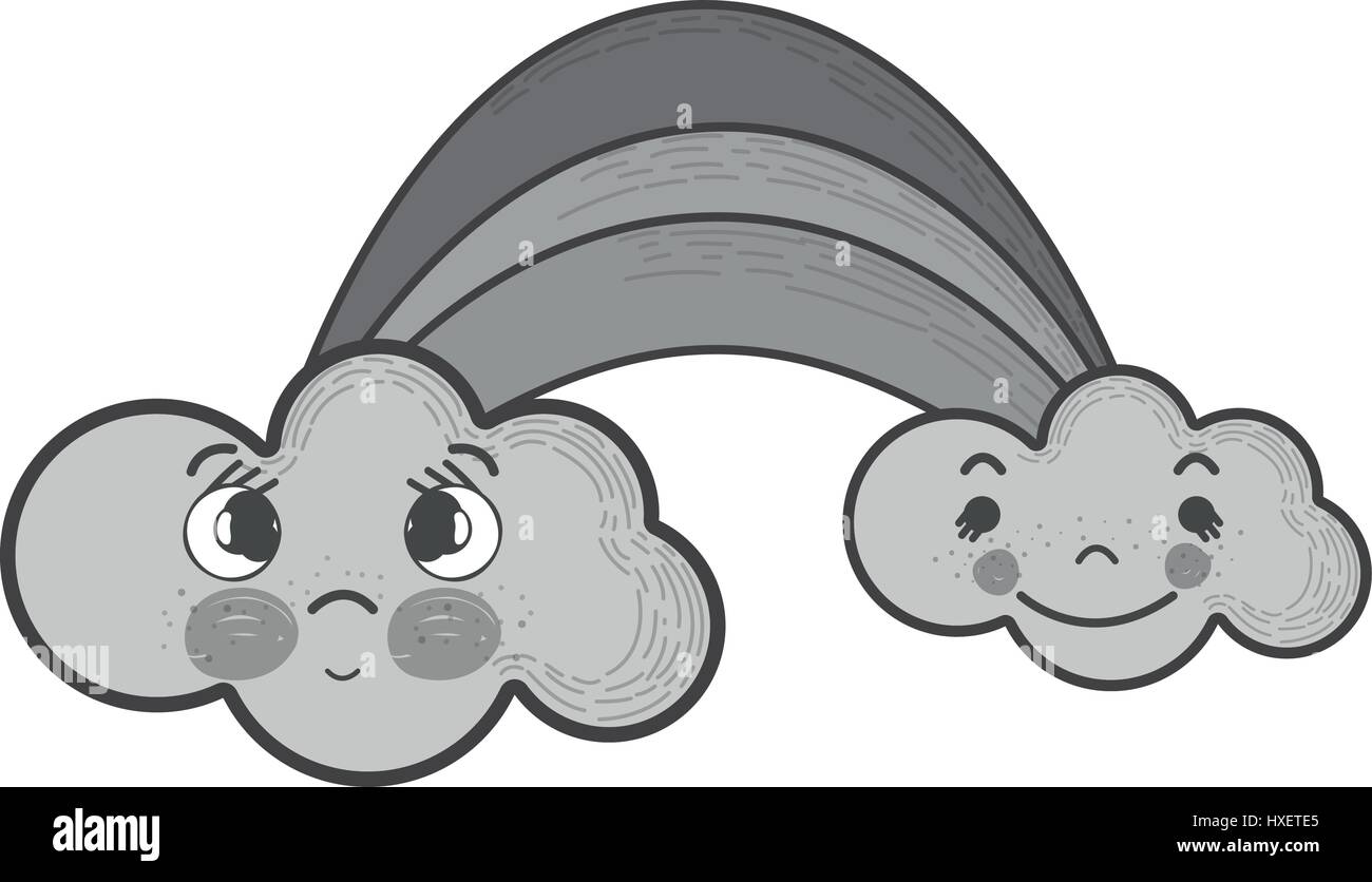 grayscale kawaii rainbow with clouds with faces expression Stock Vector ...