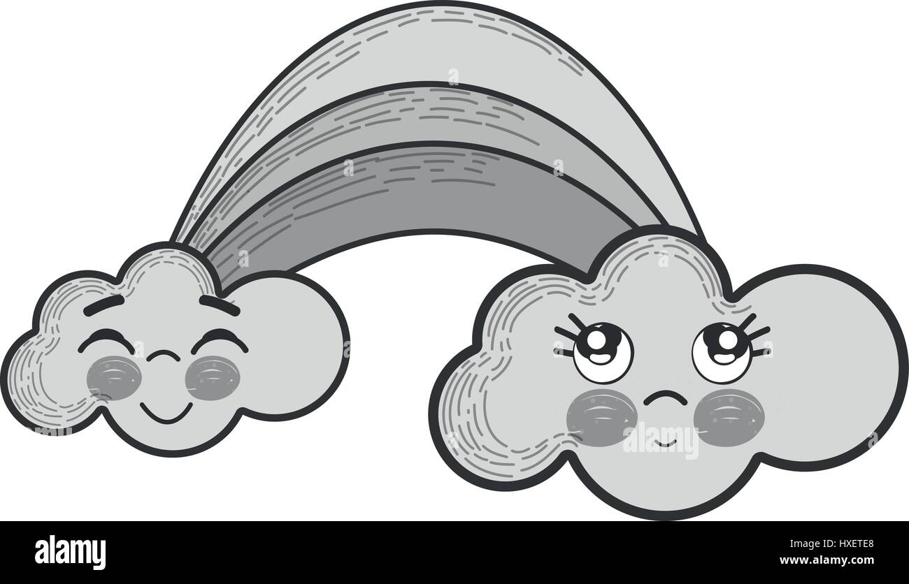 grayscale kawaii rainbow with clouds with faces expression Stock Vector ...