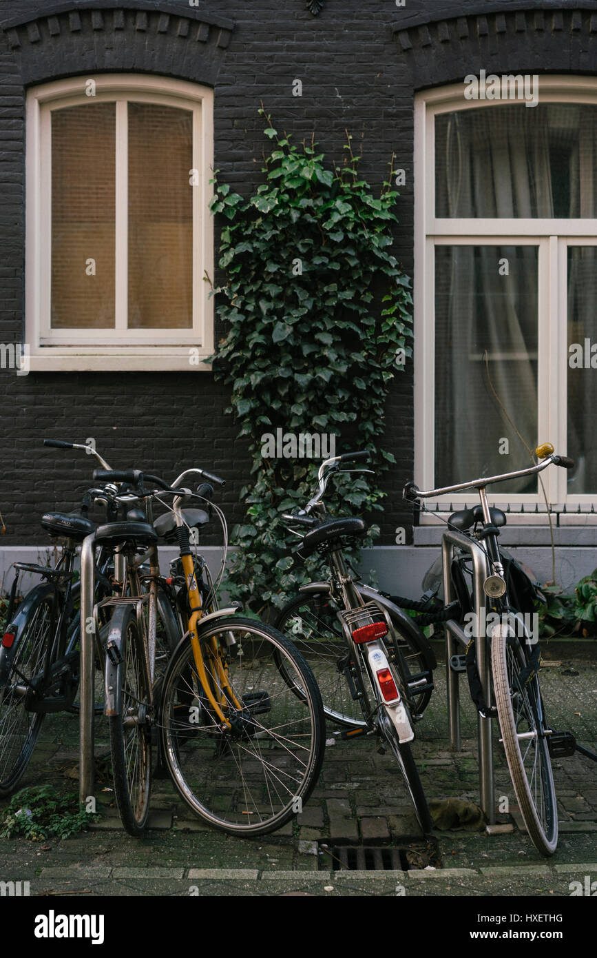 Bicycles parked on a bike rack in Amsterdam, Netherlands Stock Photo ...