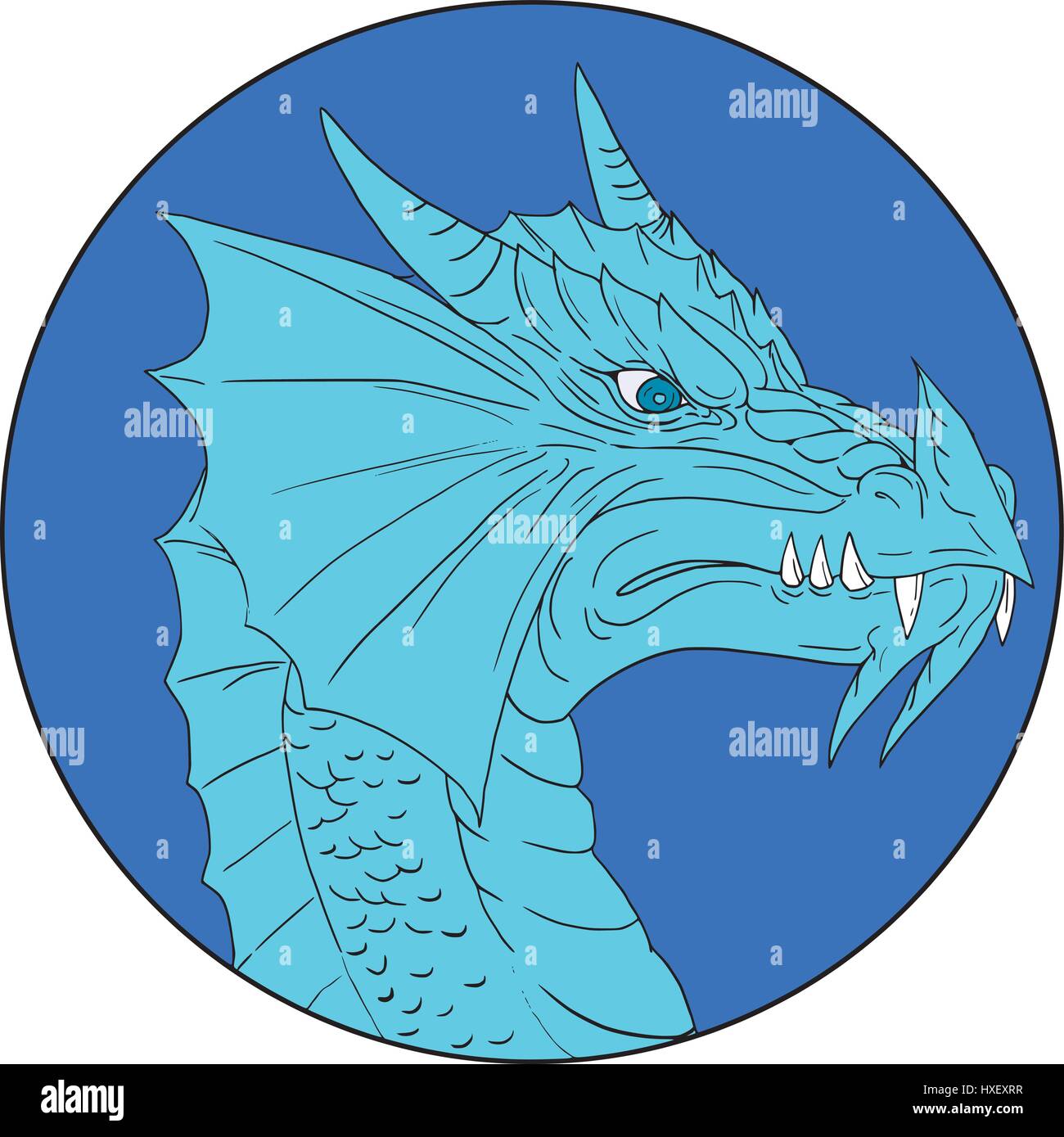 Drawing sketch style illustration of a head of an angry blue dragon ...