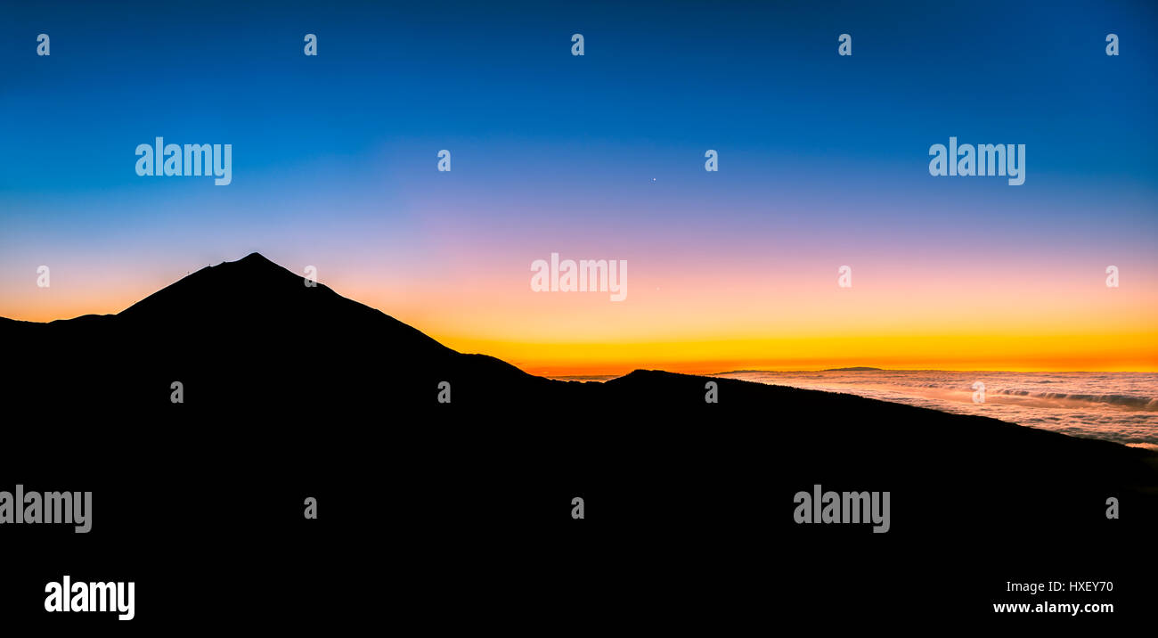 Sunset, sunset glow with evening star, cloudy sky, Volcano Teide and ...