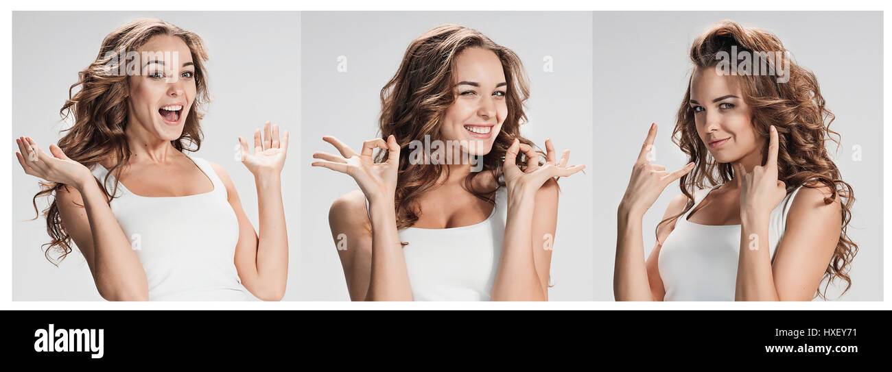 Set of young woman's portraits with different happy emotions Stock ...