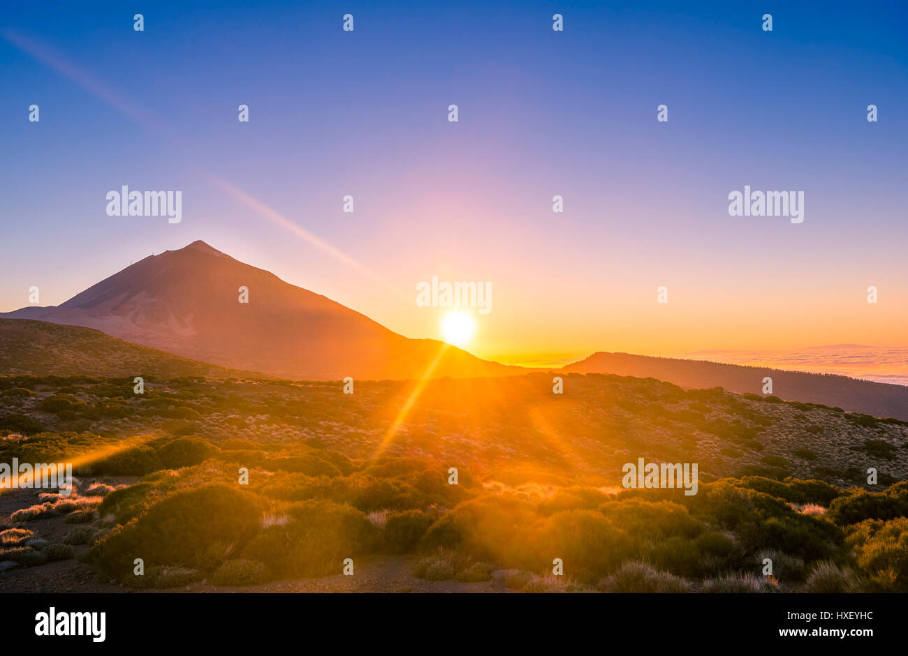 Sunset, Volcano Teide and volcano landscape, backlit scenery, national ...