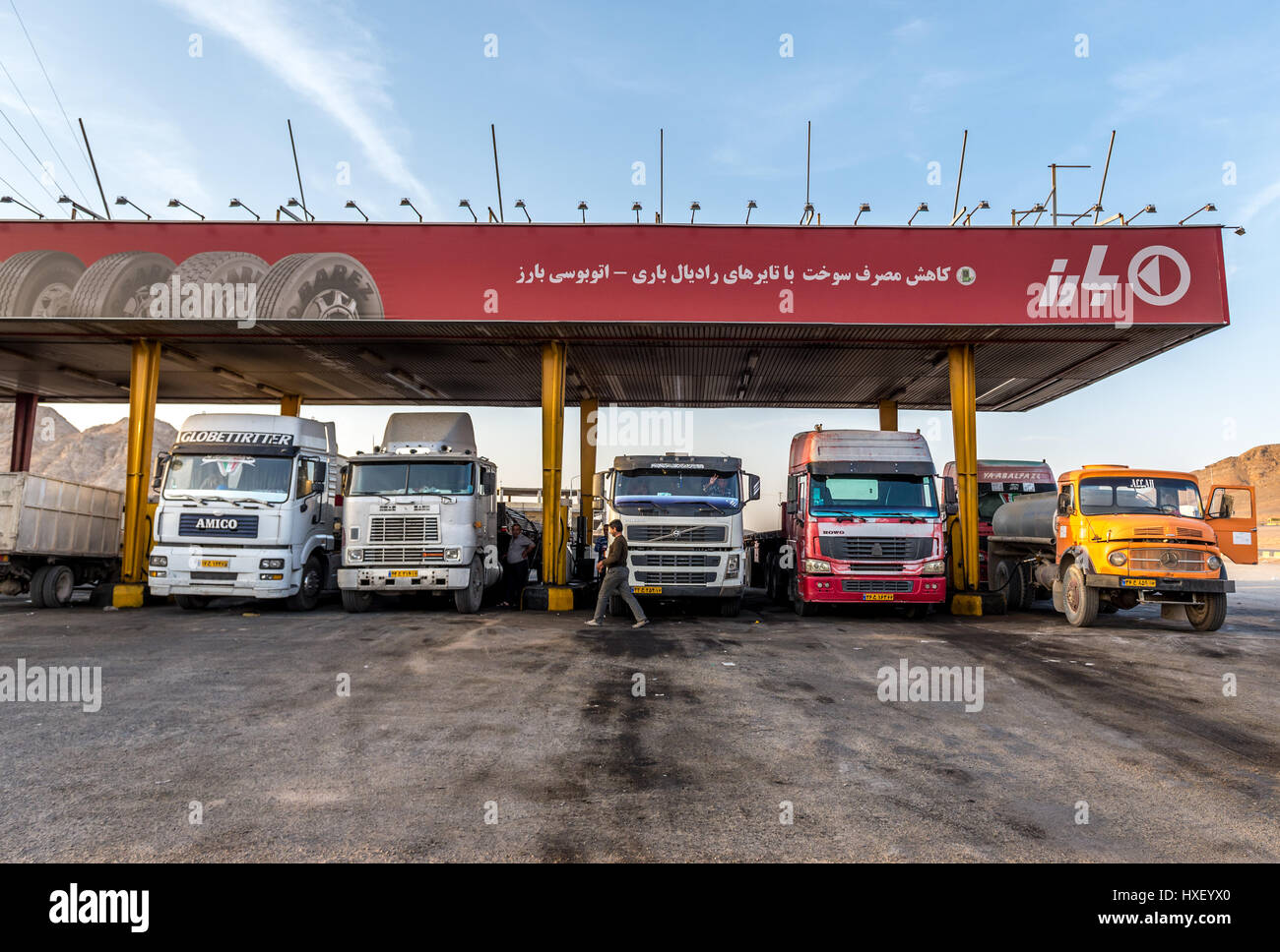 Row of trucks on a gas station in Isfahan Province of Iran Stock Photo ...