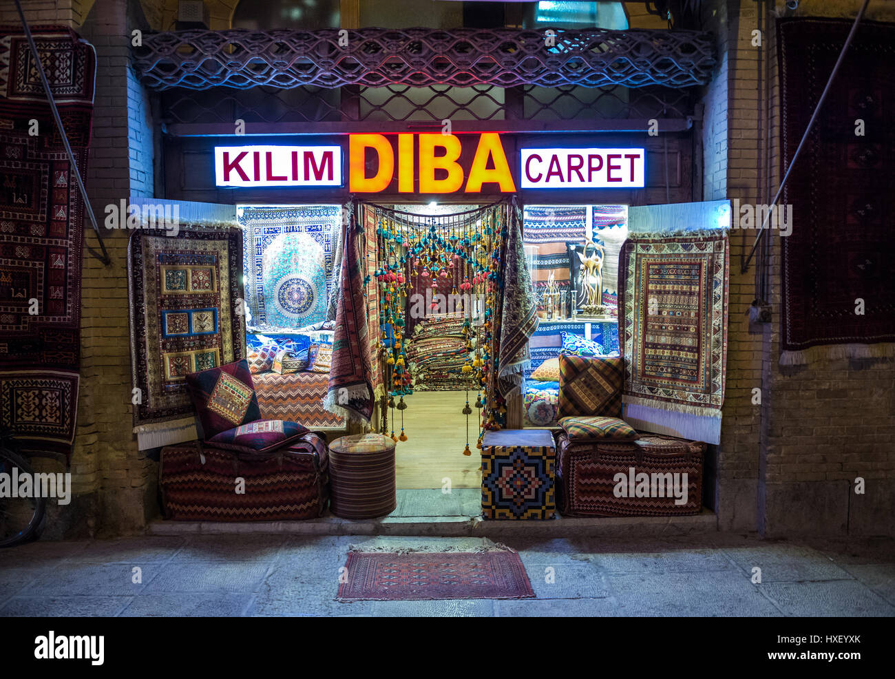 Shop with Persian carpets, rugs and kilims on Bazaar of Isfahan next to ...