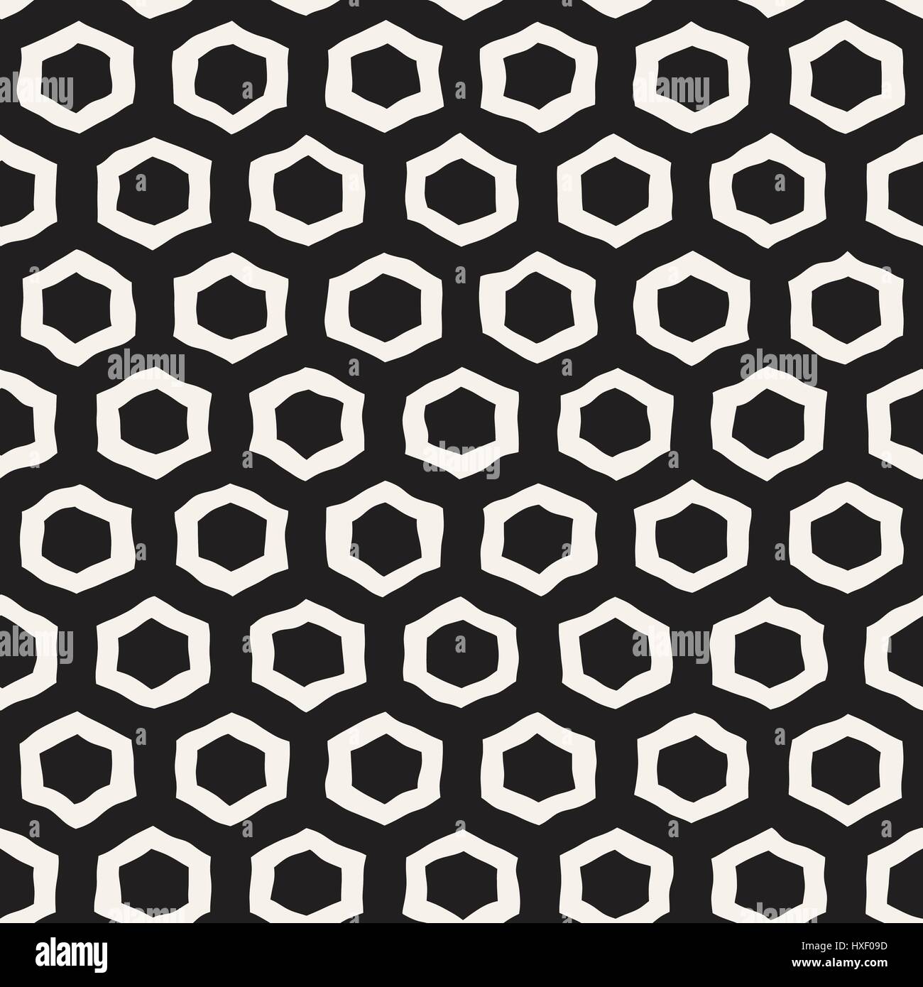 Seamless black and white pattern with hexagon lattice. Creative monochrome hand drawn honeycomb ...