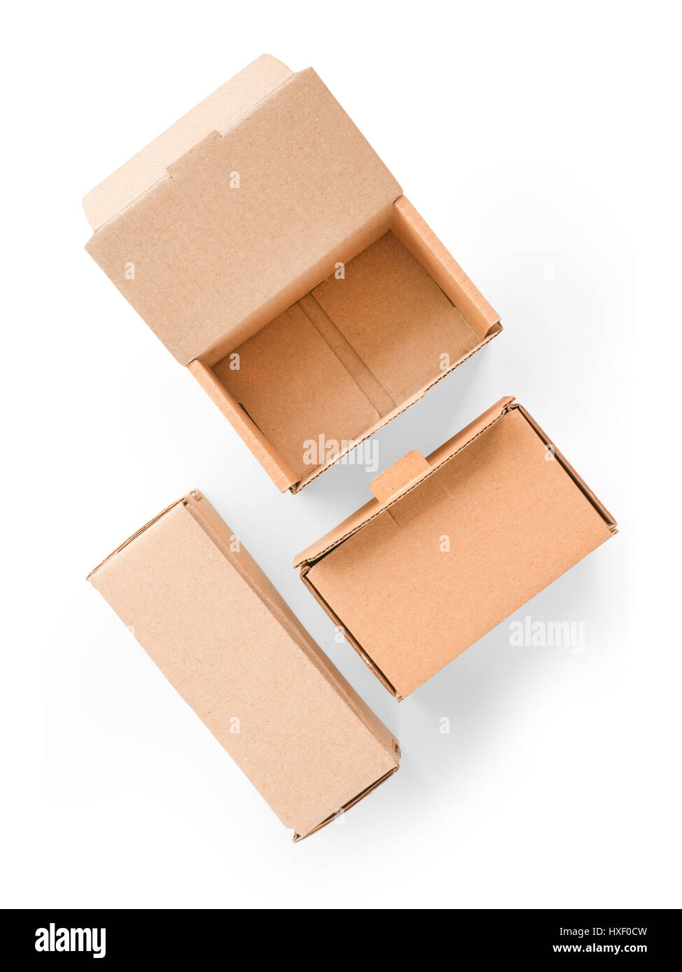 Small cardboard boxes set isolated on white. Top view, clipping path ...