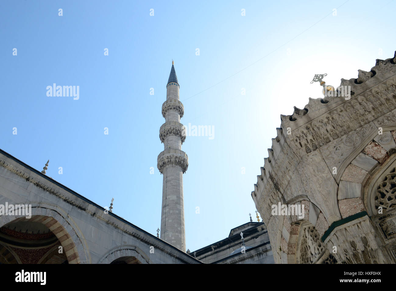 One of the two 52 m high minarets of the New Mosque (Yeni Cami). The ...