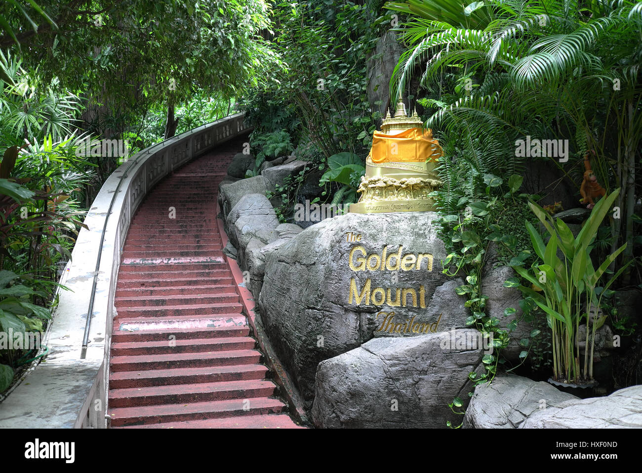 The steps leading to the Wat Saket temple also known as the Golden Mount temple in Bangkok ...