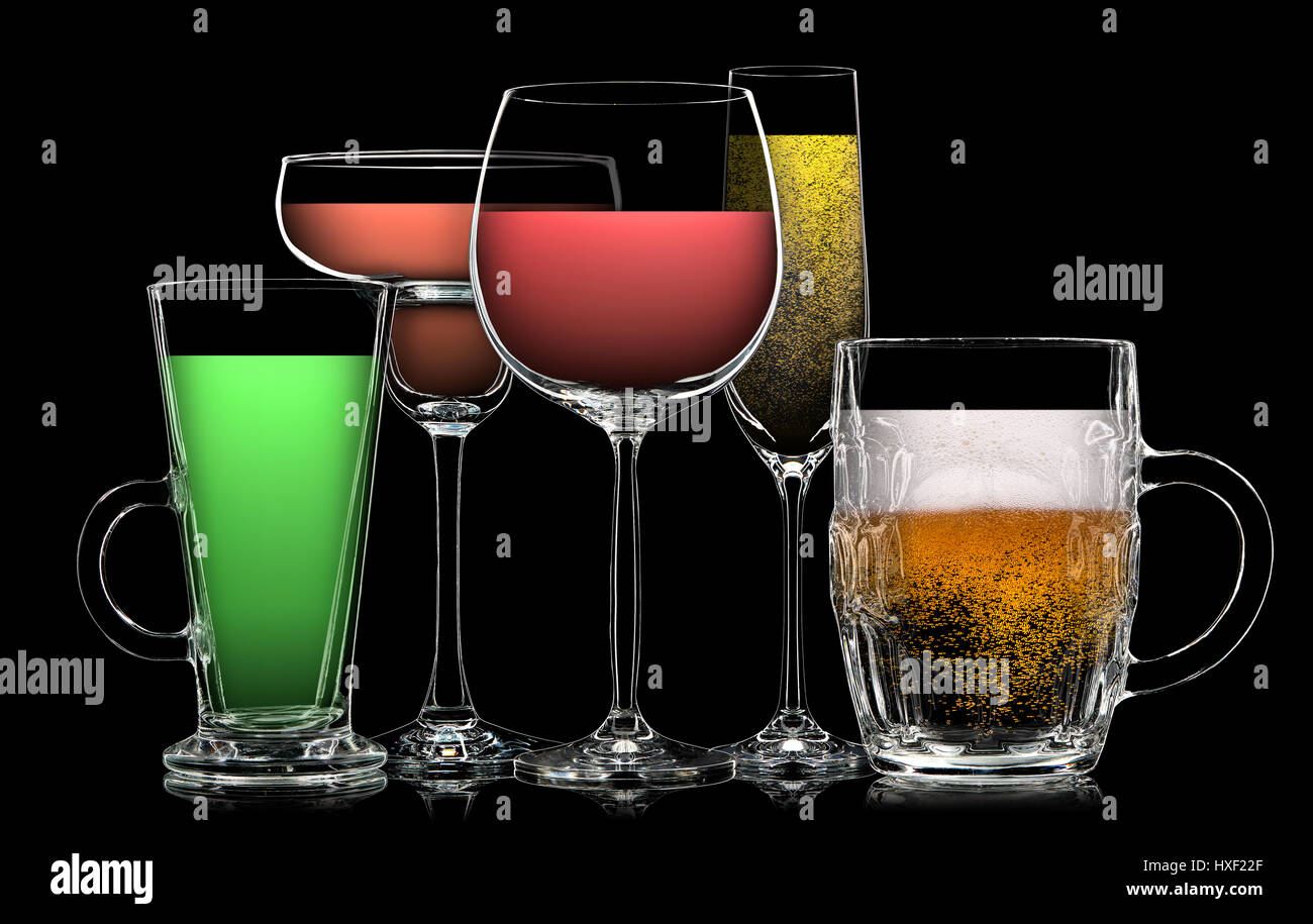 Set of multicolor different drinks in various glasses on black ...