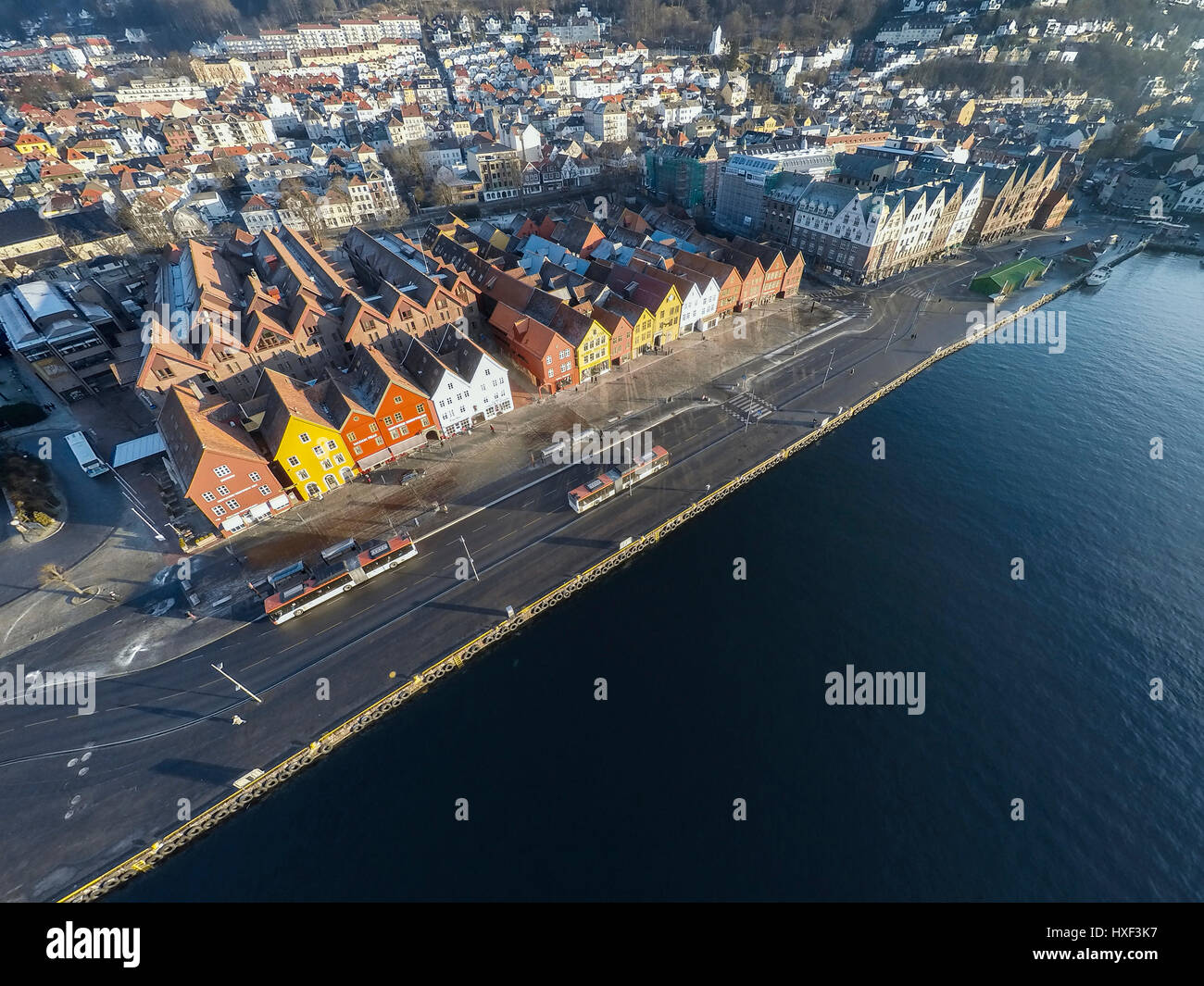 Colorful series of Hanseatic commercial buildings called "Bryggen" from ...