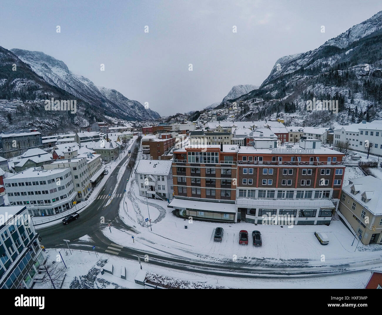 Hardanger Hotel in Odda from an aerial perspective, Norway Stock Photo ...