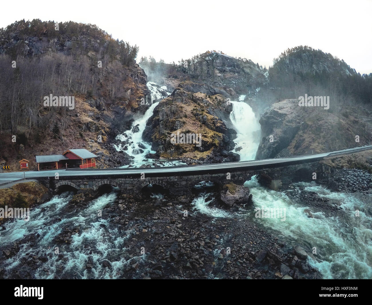 The beautiful Latefossen waterfalls in Odda, Norway. The waterfall is ...
