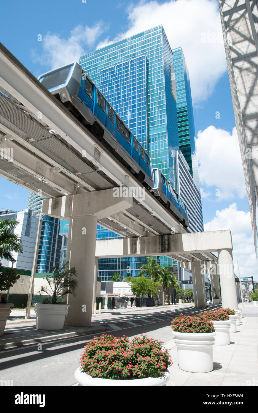 The monorail train passing by in Miami downtown (Florida Stock Photo ...